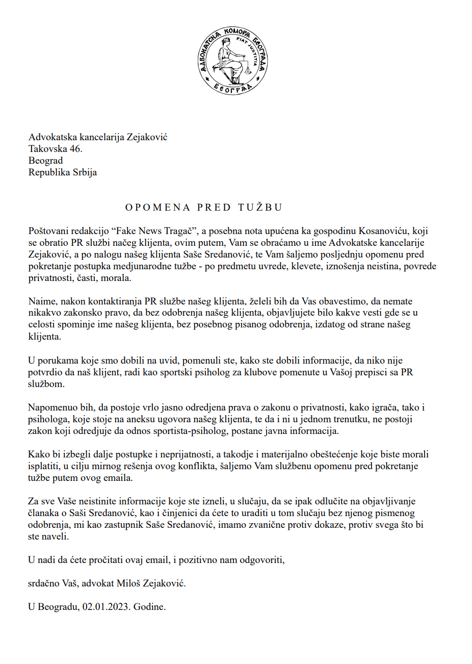 Popularna srpska sportska psihologinja Saša Sredanović se lažno ...